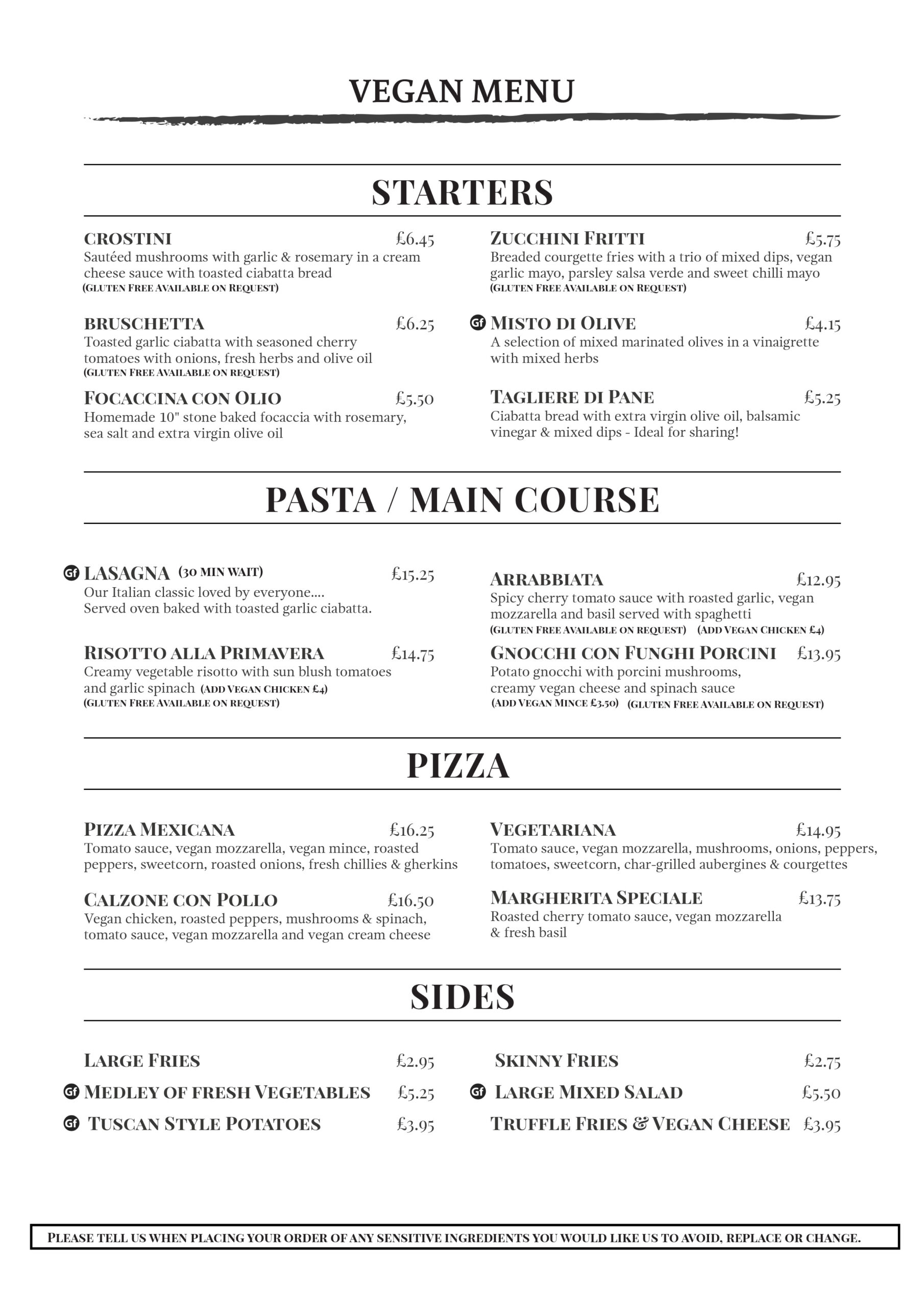 Vegan Menu - Amici